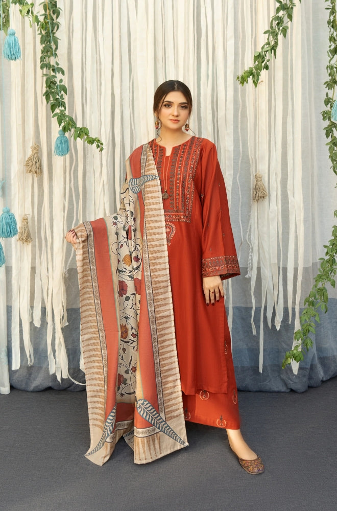 3PC EMBROIDERED DHANAK DRESS RO - 316